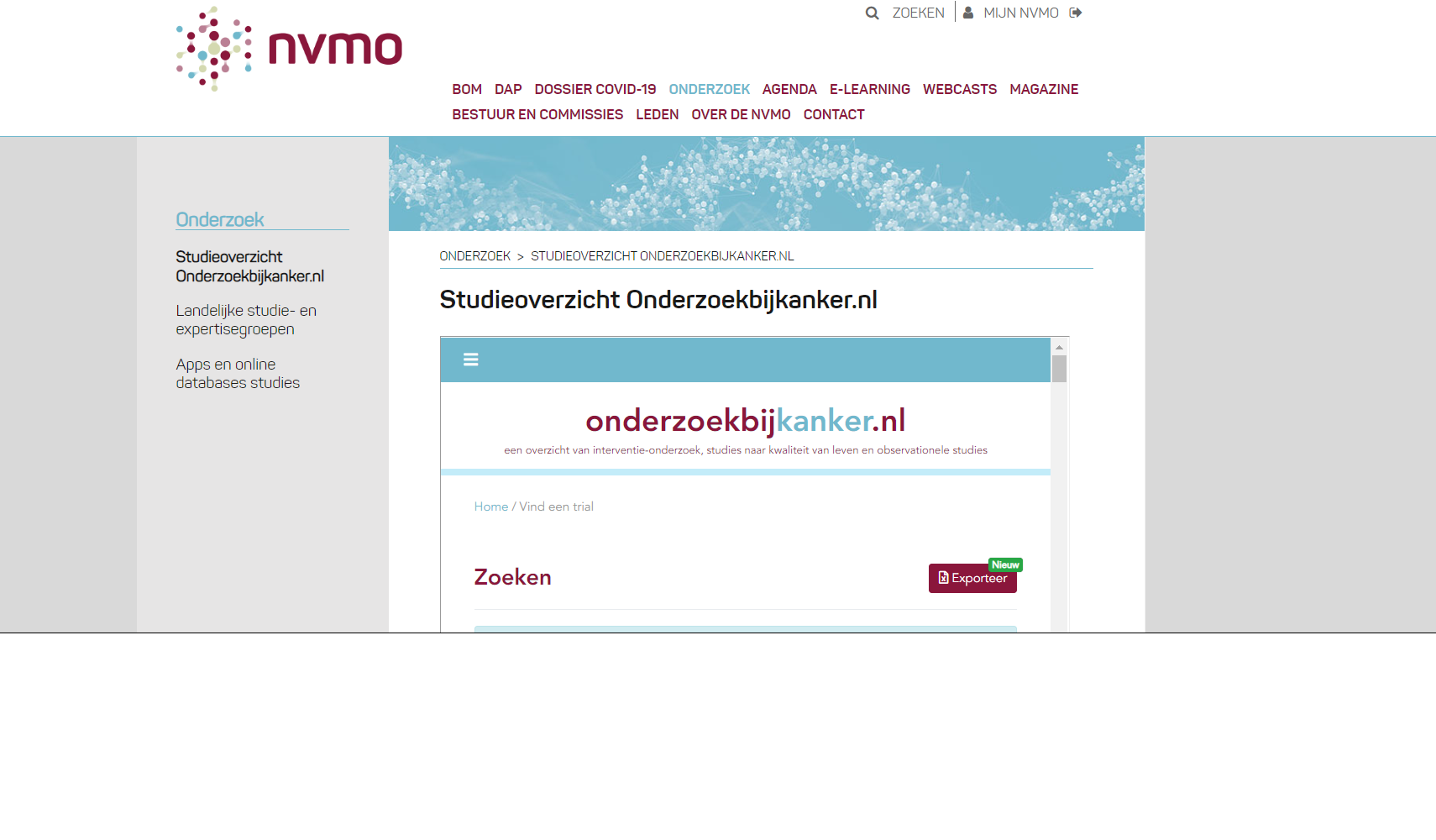 Overzicht van 260 trials op NVMO-website - NVMO